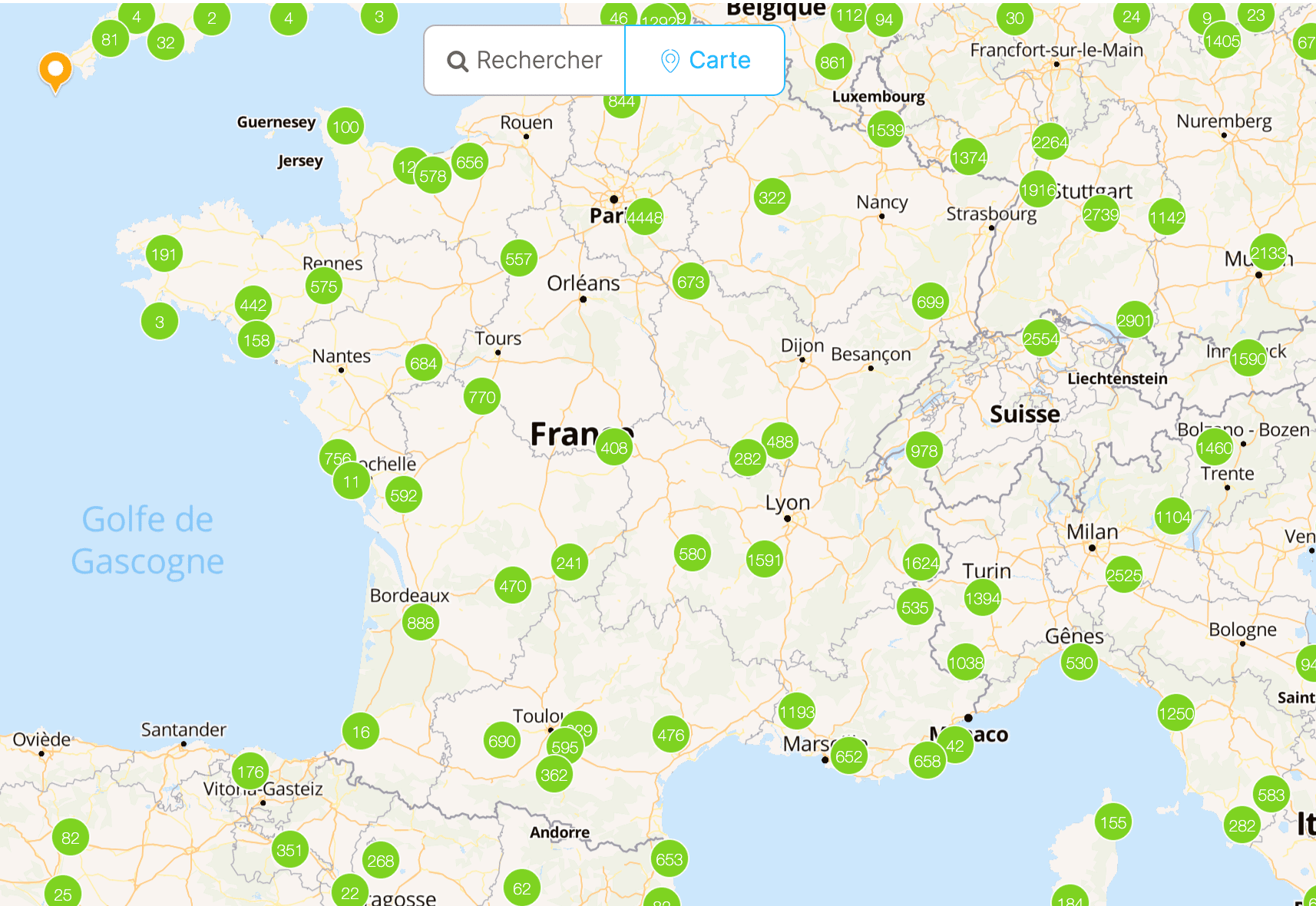 Trouvez la carte de borne de recharge électriques